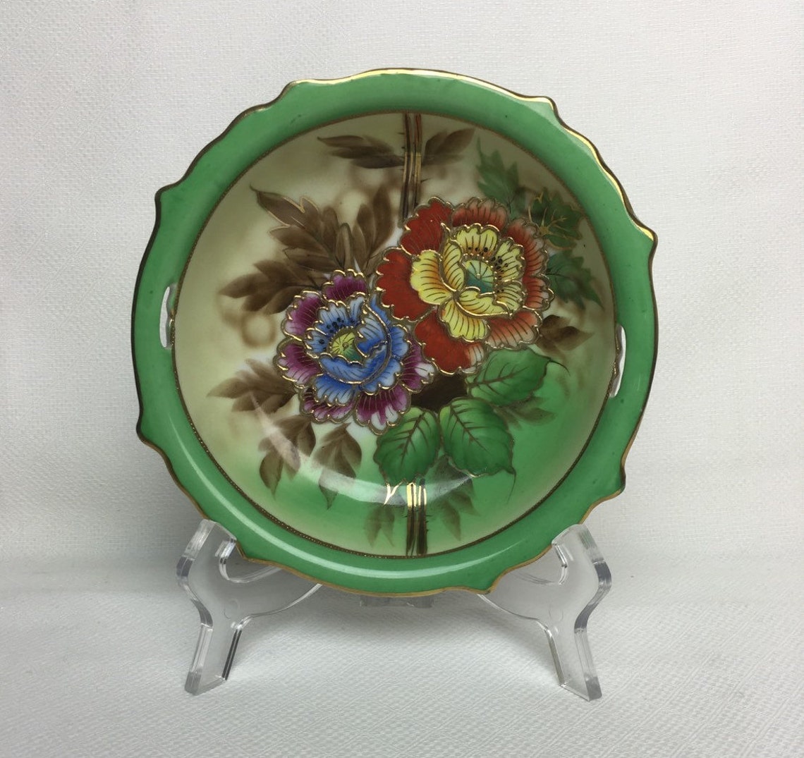 Tashiro Shoten Japan Hand Painted Green Bowl MORIAGE Floral - Etsy
