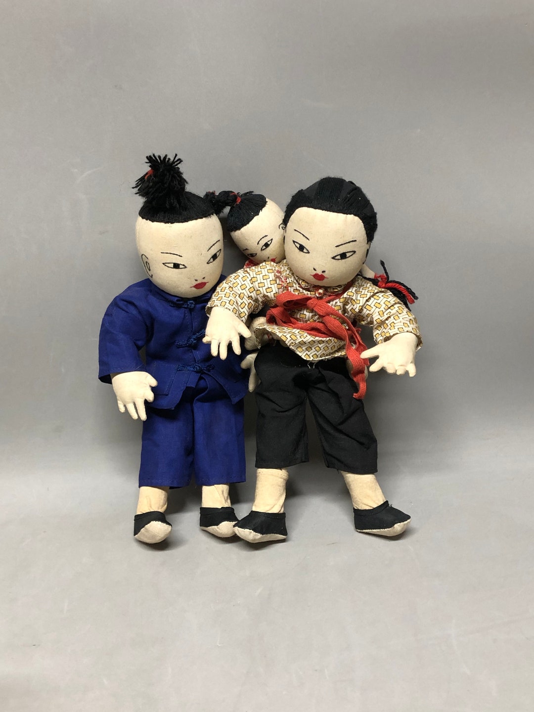 Pair Ada Lum Chinese Cloth 10" Dolls C.1950s Man, Woman With Baby ...