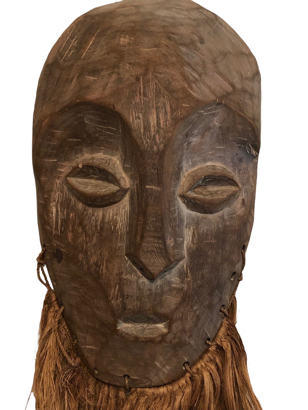 13" Wooden African Mask With Long Raffia Beard Handcrafted Art Africa ...
