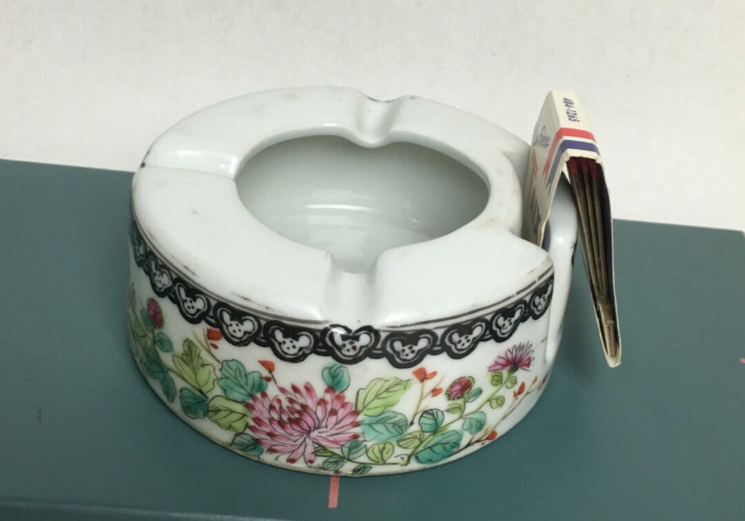 Unique Ceramic Round Ashtray With Match Holder on the Side Floral ...