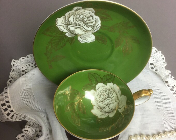 Wako Japan Green and White Tea Cup and Saucer, Hand Painted Gold Gilt ...