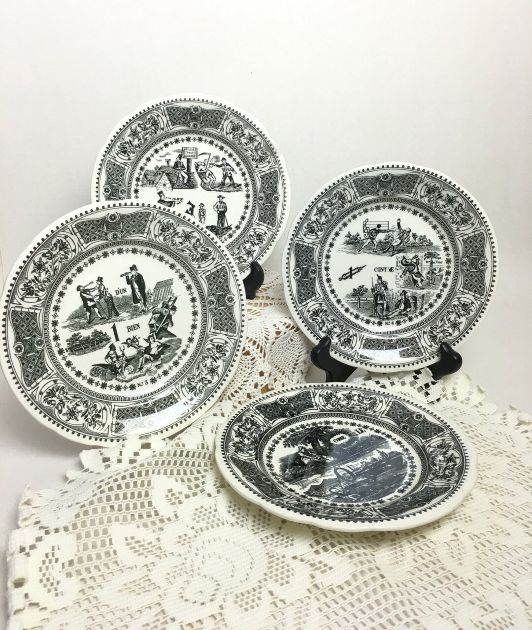 Gien Set of 4 Rebus Puzzle Black and White Dessert Transferware Plate ...
