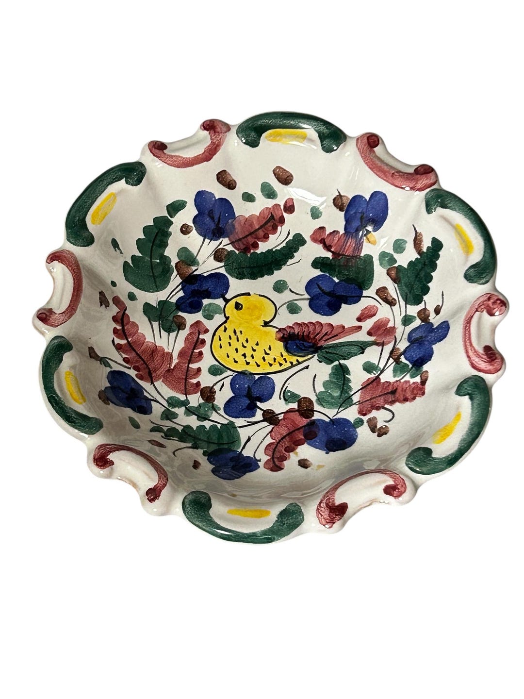 5" Ceramic Deruta Pin Dish Bowl With Yellow Bird Wall Decor Scalloped ...