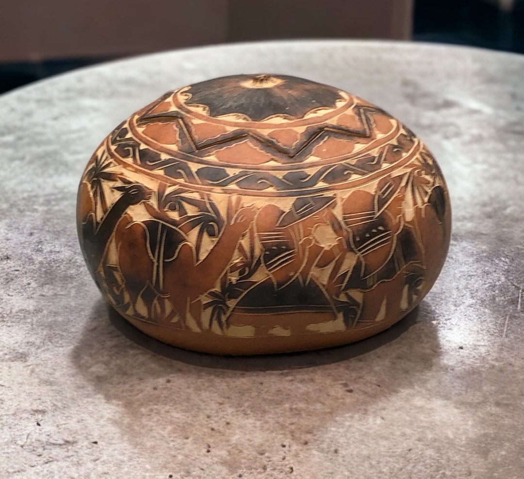 Hand Carved Gourd Art From Peru Bowl With Lid - Llamas, Men, Women ...