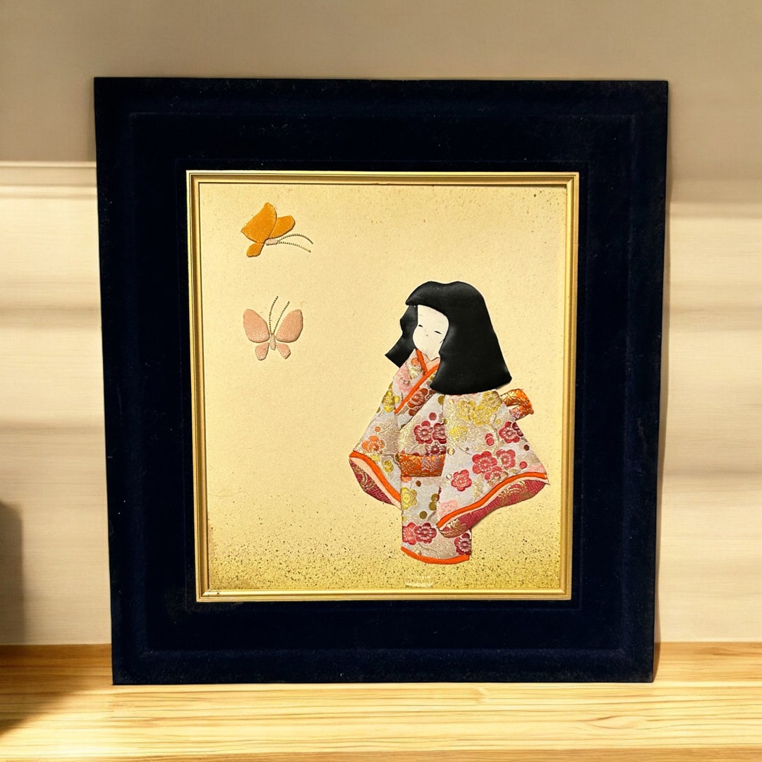 Vintage Japanese Oshie Art Fabric on Board Wall Hanging Geisha Girl and ...