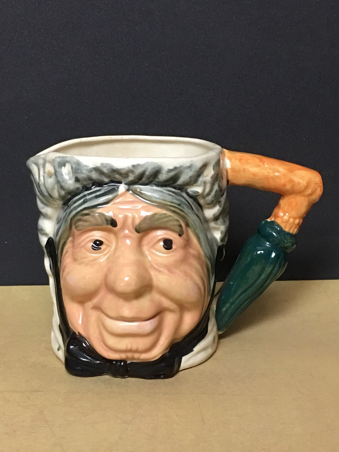 Smiling Old Lady Woman Toby 4" Mug With Umbrella Handle Hand Painted ...