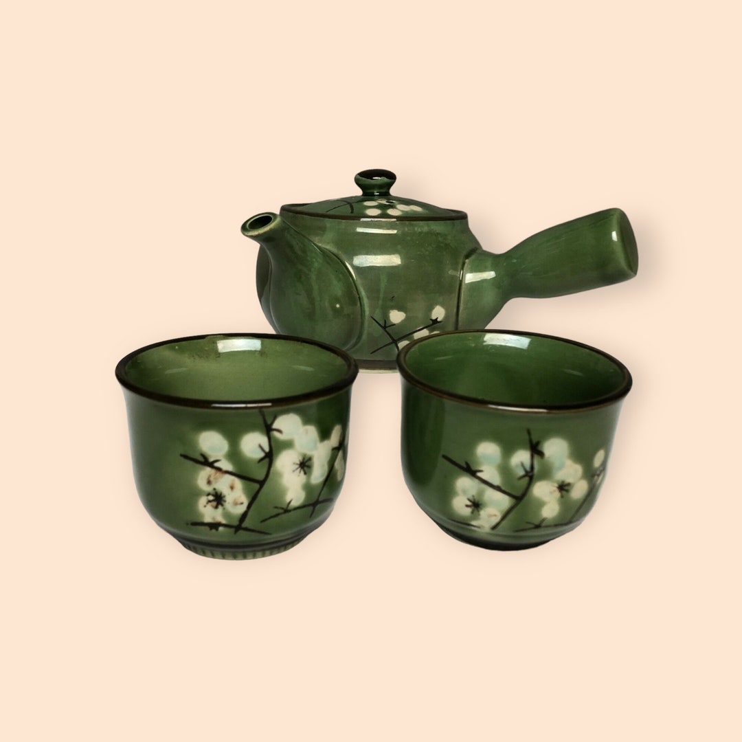 MISO Pottery Asian Japan Green White Cherry Blossoms Side Spout Tea Pot ...