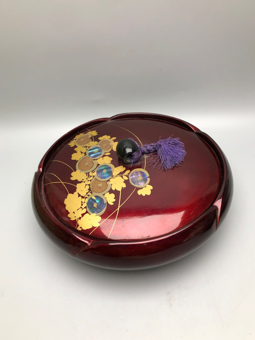 8" Japanese Burgundy Lacquer Box With Lid Gold Accent Abalone Inlay ...