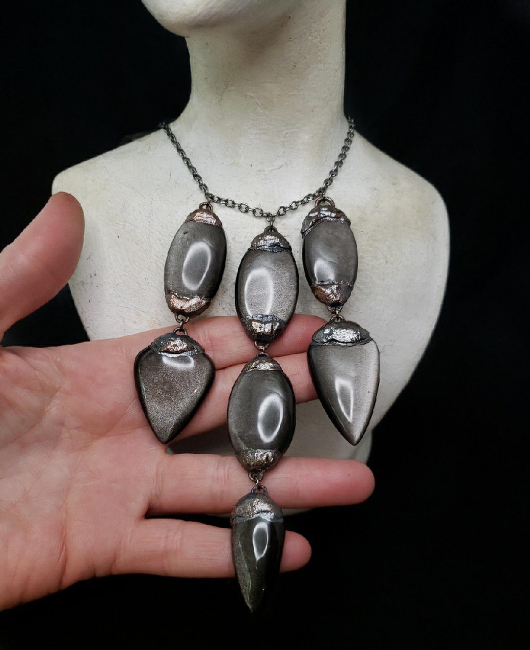 Silver Sheen Obsidian Necklace, Silver Obsidian Statement Necklace ...