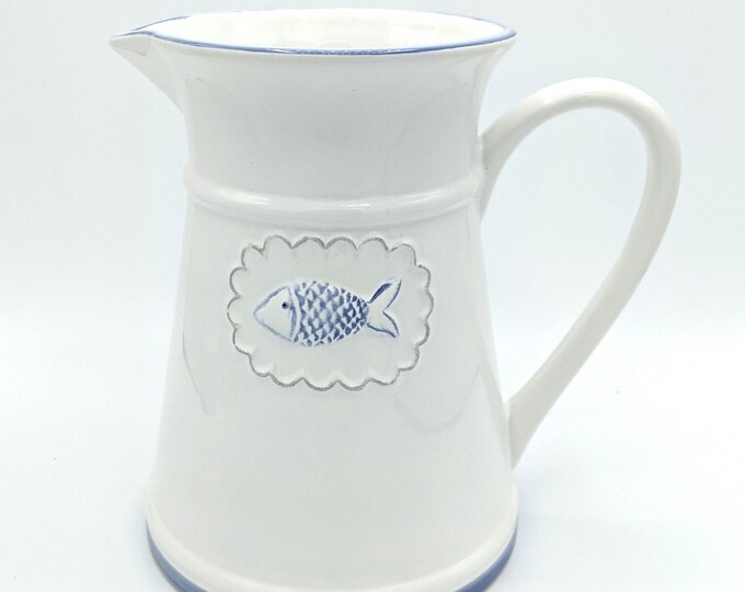 Amici Ceramic White Fish Pitcher Carafe Nautical Beach Farmhouse 8.5 ...