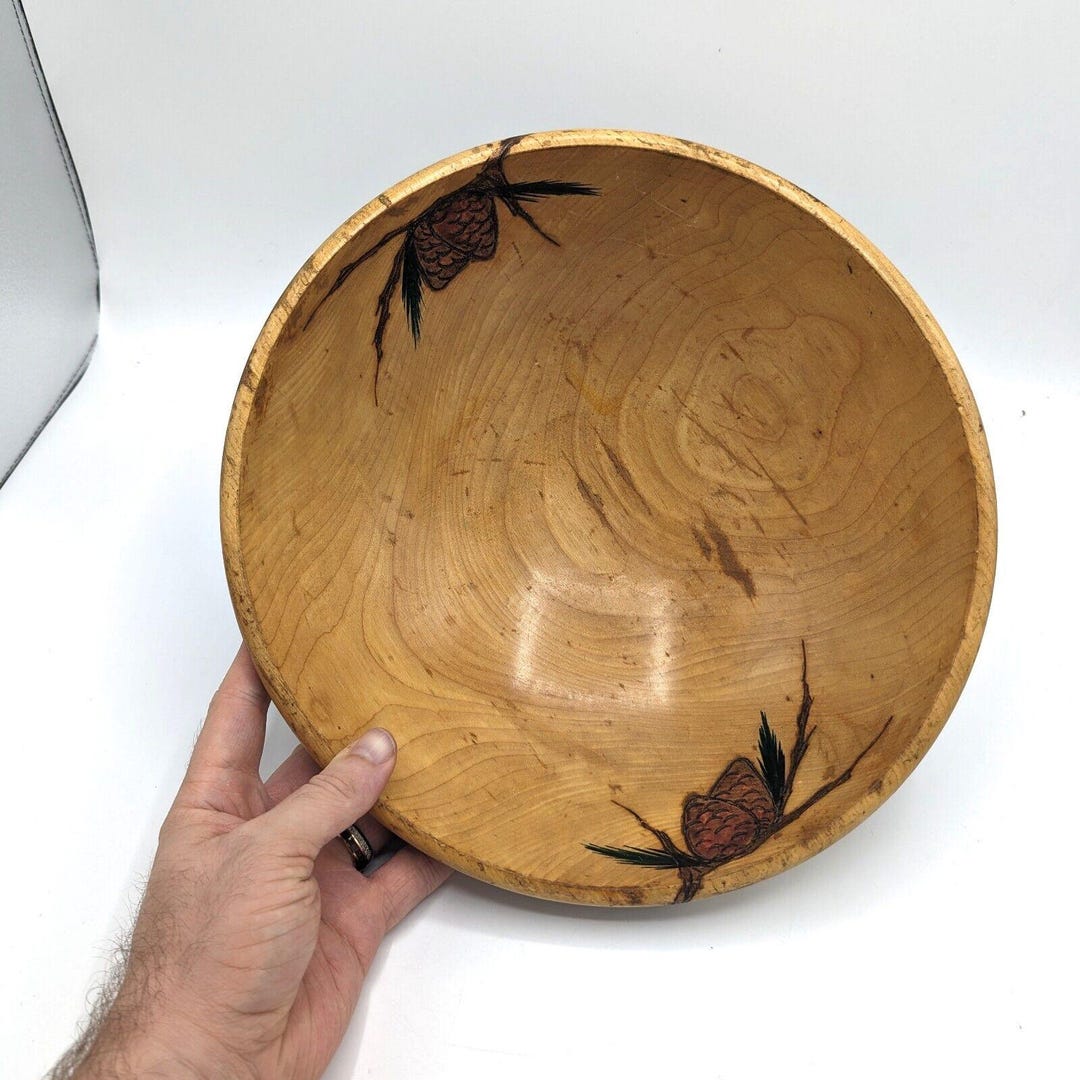 Vintage Rustic Farmhouse Wood Pyrography Handmade Pinecone Serving Bowl ...