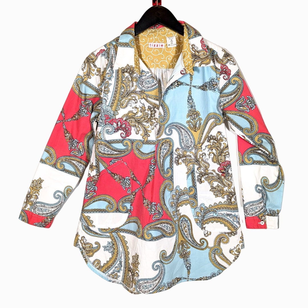 Tizzie Brocade Print Waxed Cotton Longline Shirt Sz XS-S Boho Casual ...