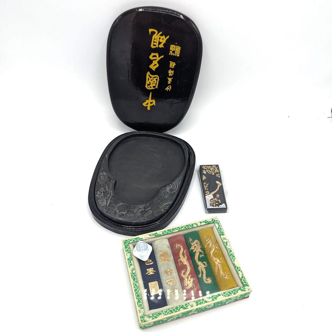Vintage Japanese Ink Stone With Lid & Multiple Ink Sticks Lacquer Box ...