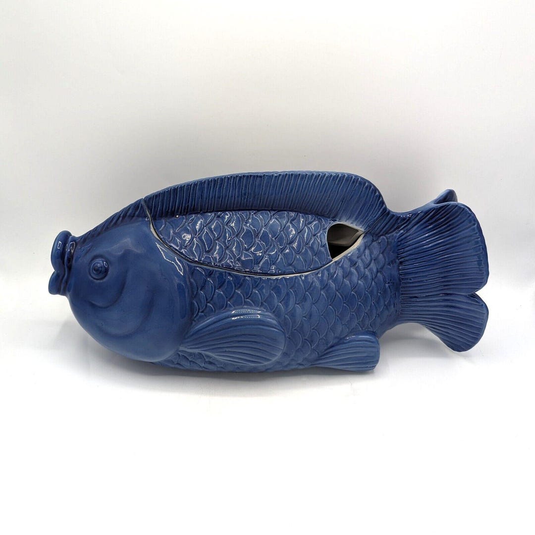 RARE 1990 Taylor & NG Majolica Cobalt Blue Fish Soup Tureen Server 15 ...