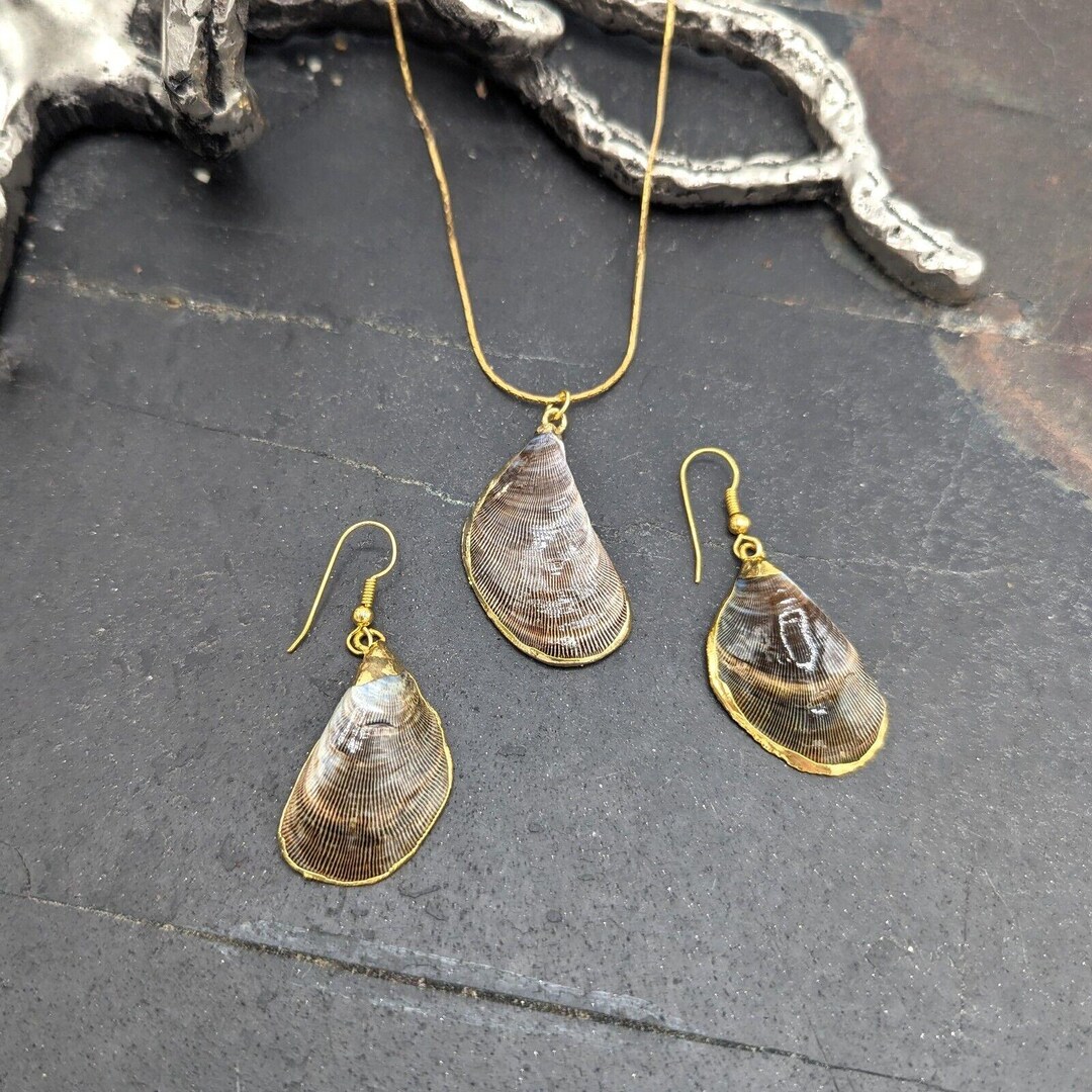 Bespoke Gold Trim Mussel Shell Necklace & Earrings Set Outer Banks NC ...