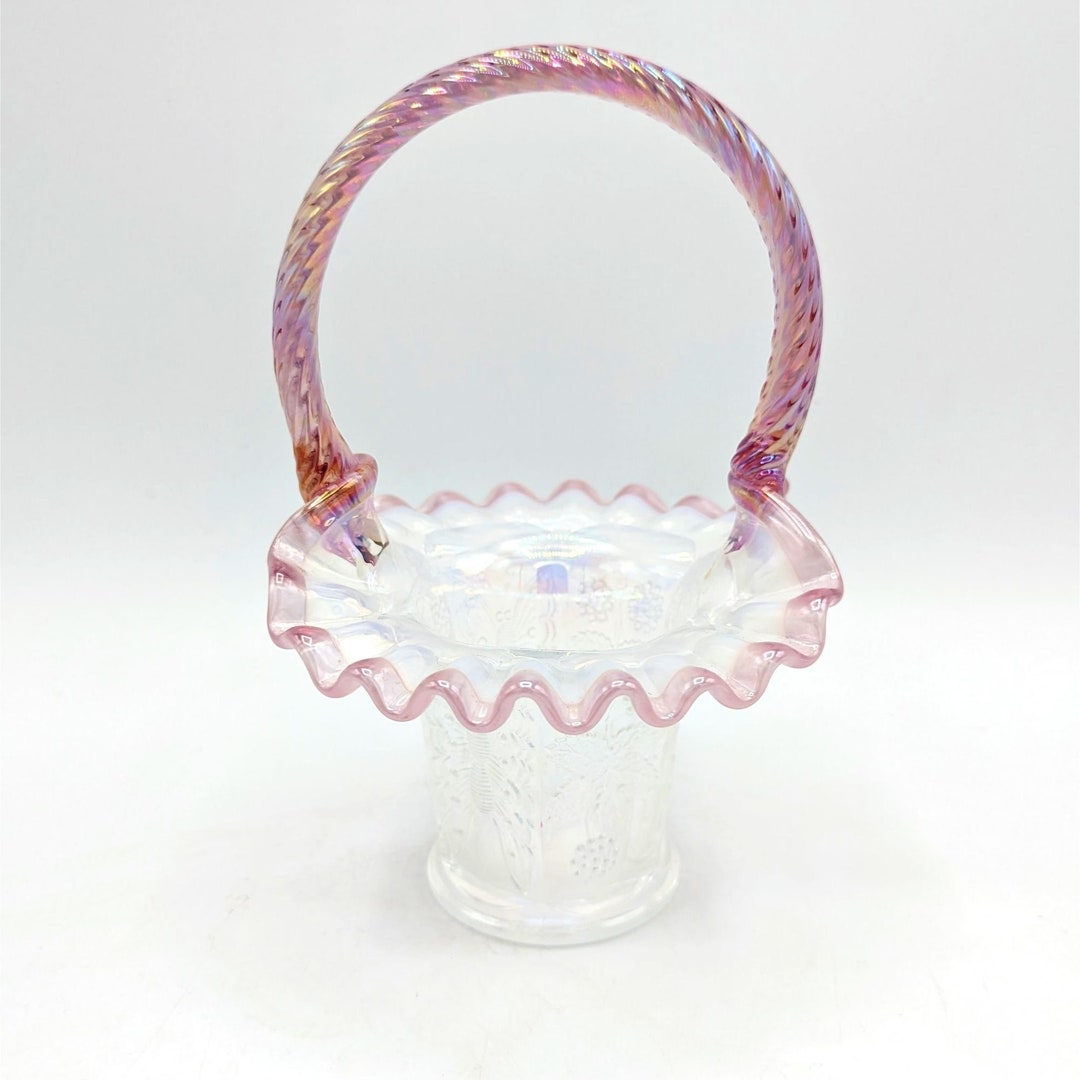 Vintage Fenton Glass Pink Ruffle Basket Opalescent Carnival Butterfly ...