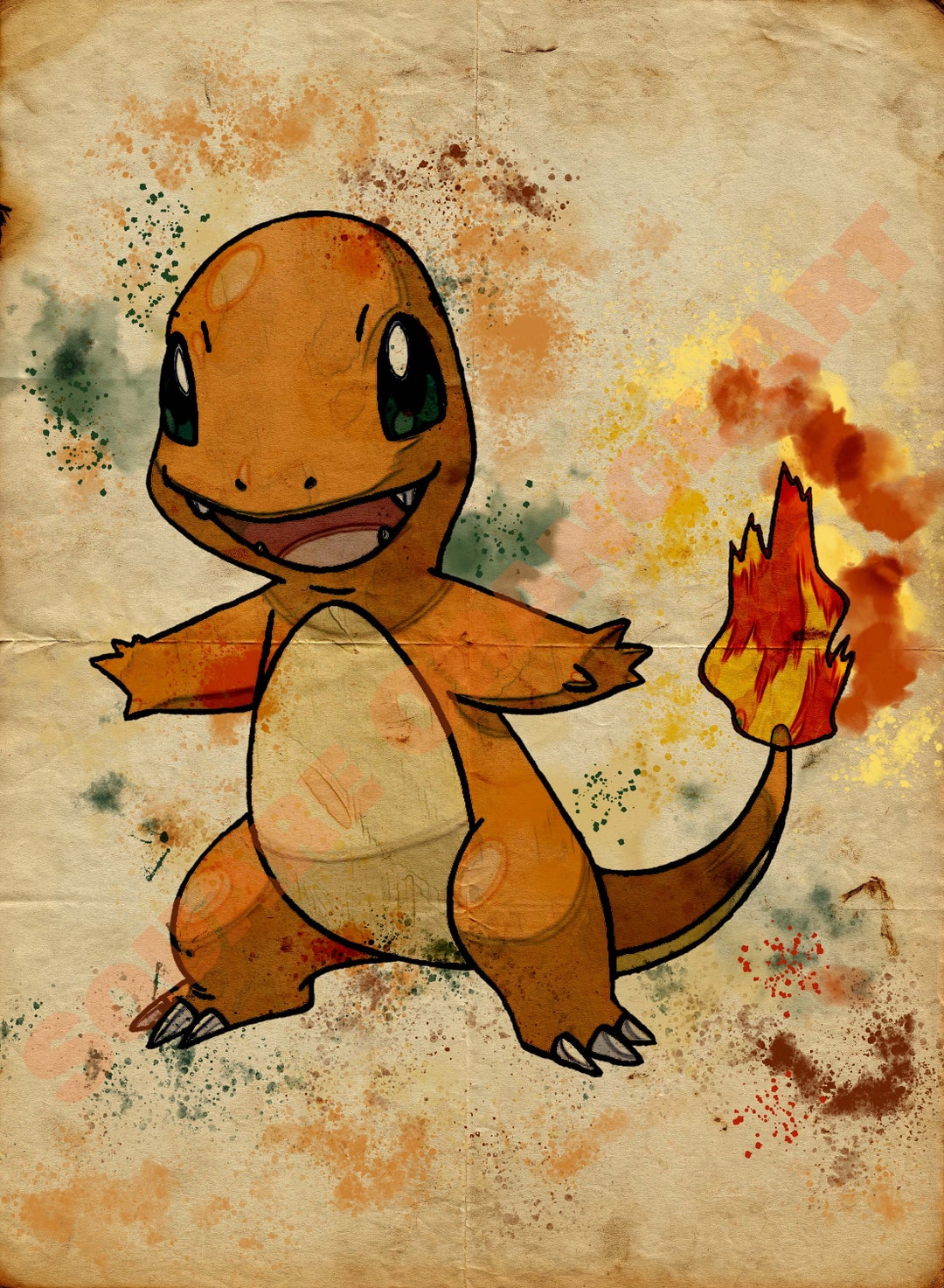 Charmander A4 Pokemon Digital Print Vintage Aged Distressed - Etsy