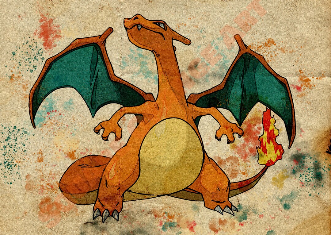 Charizard A4 Pokemon Digital Print Vintage Aged Distressed Watercolor ...