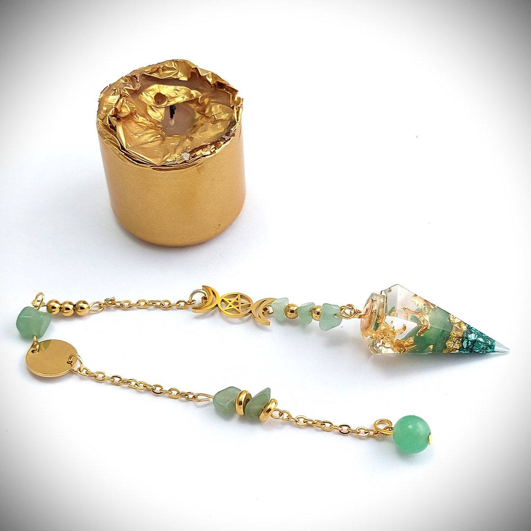 Pentagram Divinatory Pendulum, Triple Moon, Aventurine, Gold Leaves ...