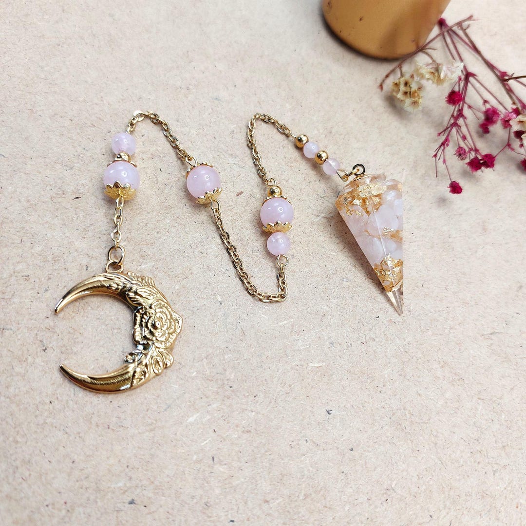 Pink Moon Divination Pendulum, Rose Quartz - Resin Moon and Stone Pendulum, Dowsing, Witchcraft ...