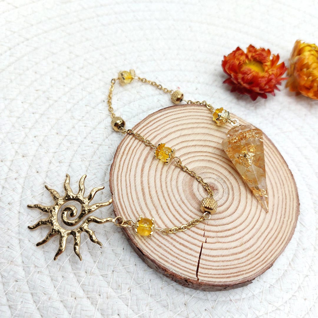 Divinatory Pendulum Sun Citrine Golden Leaves - Resin Pendulum Natural ...
