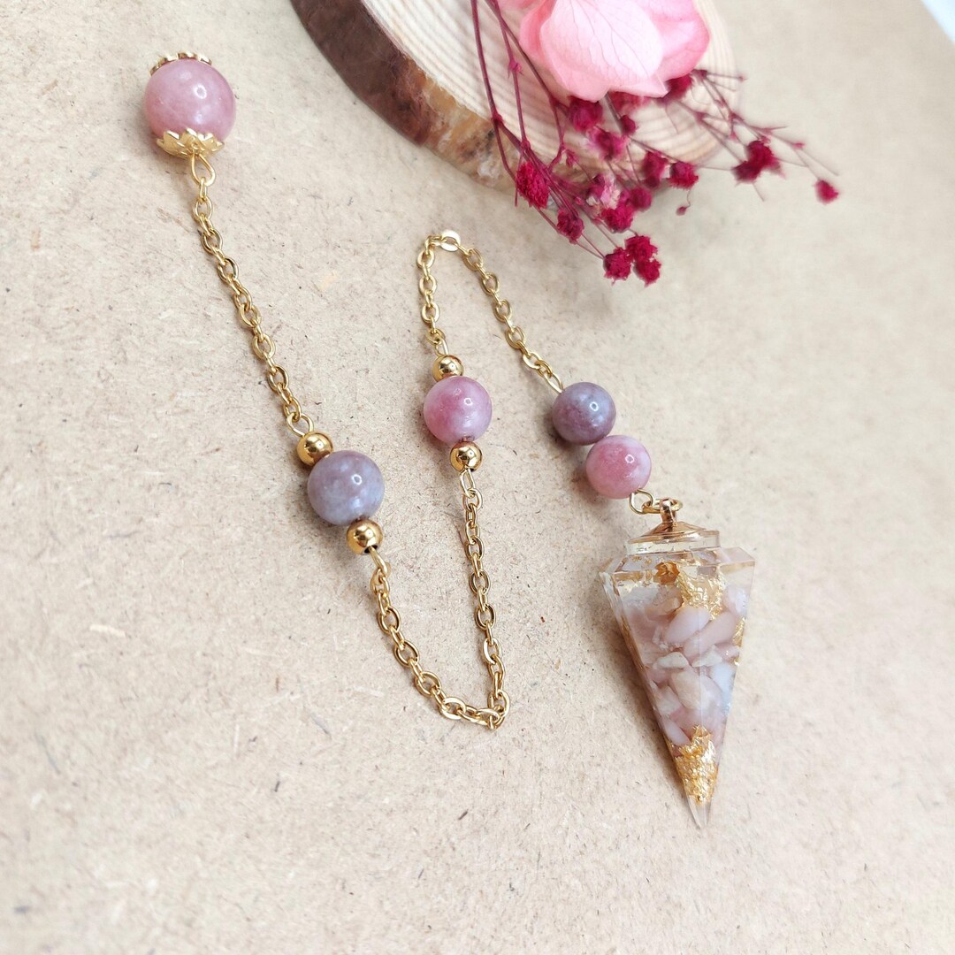 Divinatory Pendulum "venusia", Pink Opal and Golden Leaves - Resin ...