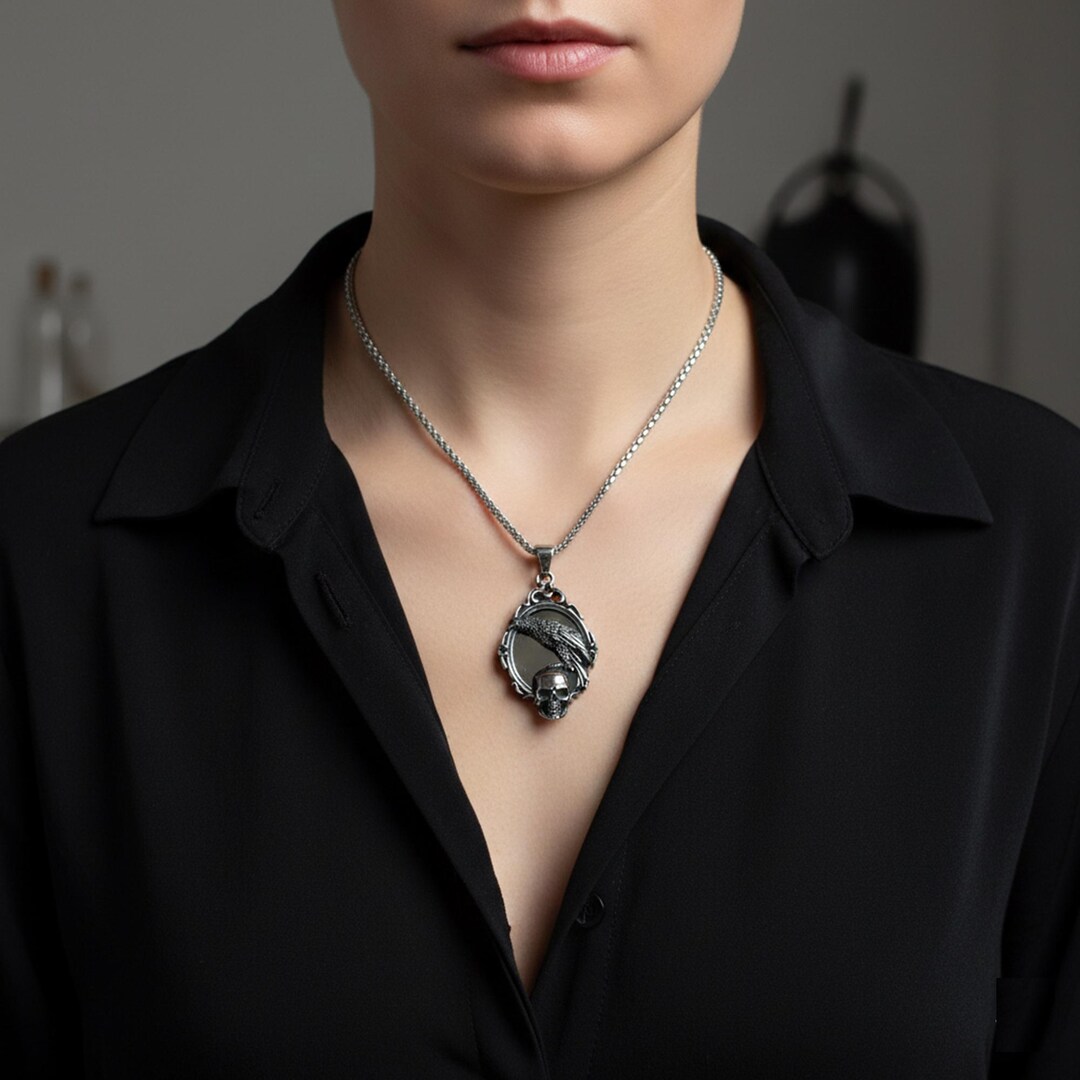 Gothic Mirror Necklace in Stainless Steel - Raven and Skull Pendant ...