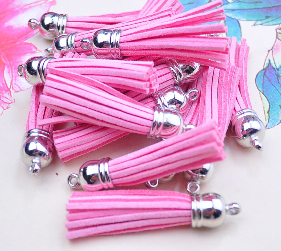 20pcs Pink Leather Tassels,fringe Tassels Fiber Tassels With Silver Cap ...