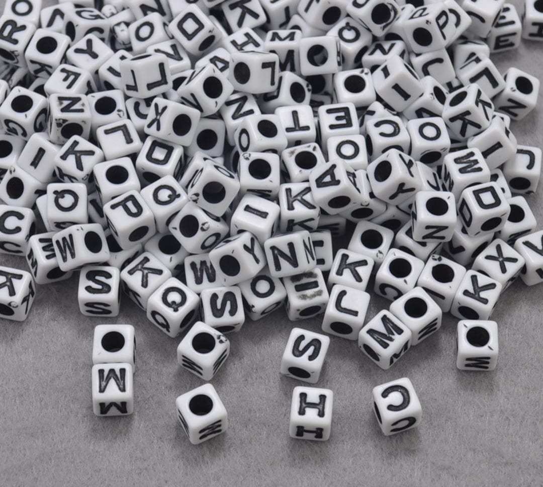 200pcs Alphabet Beads,7mm White Cube Beads,black Color Letters-acrylic ...