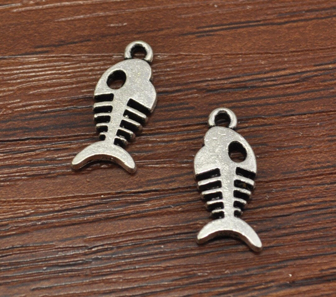 Antique Silver Metal Fish Bone Charm,skull Fish Pendant(double Sided ...