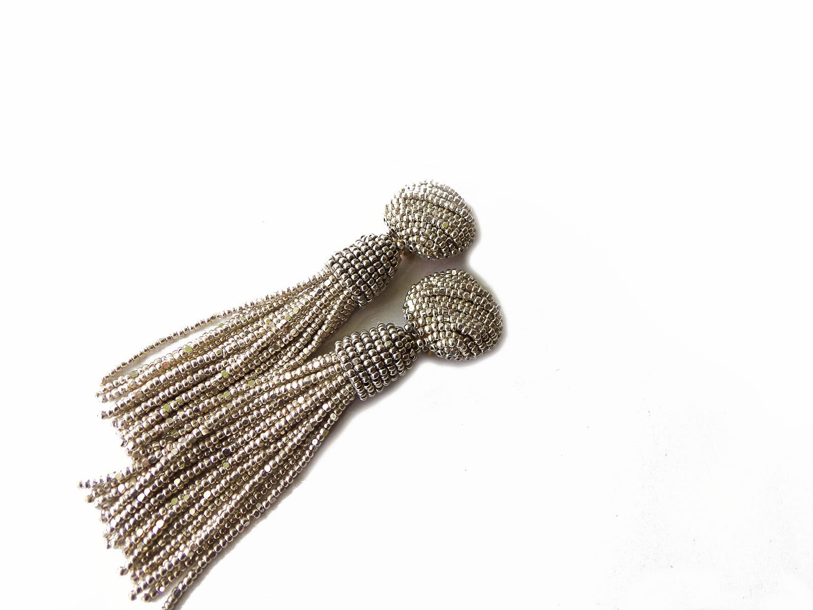 Silver Long Beaded Tassel Earrings. Clips on Earrings in Oscar De La ...
