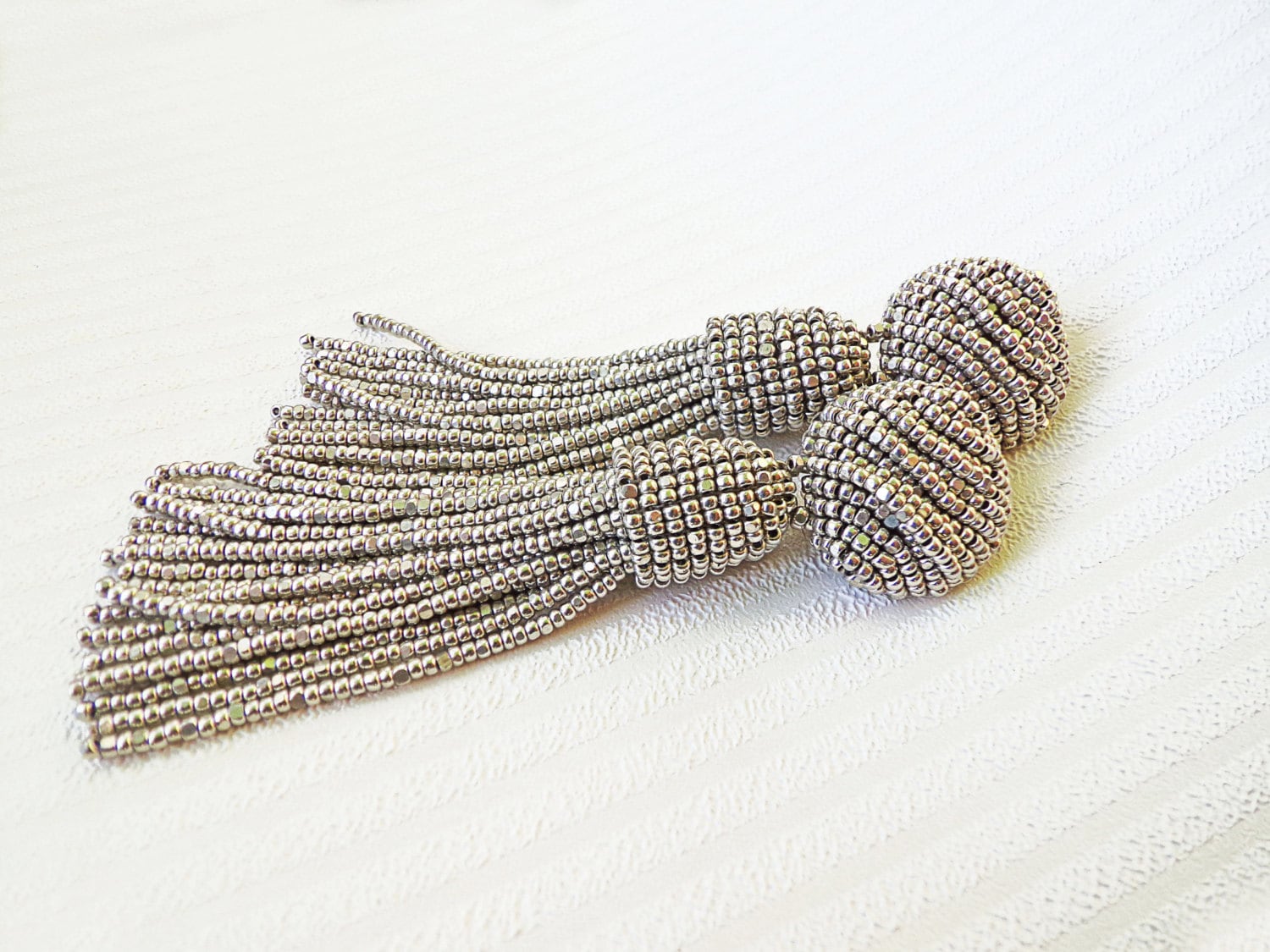 Silver Long Beaded Tassel Earrings. Clips on Earrings in Oscar De La ...