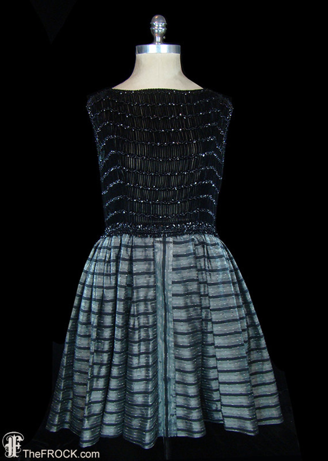Sally Milgrim 1950s Dress Vintage Jet Black Beaded Chenille Green ...