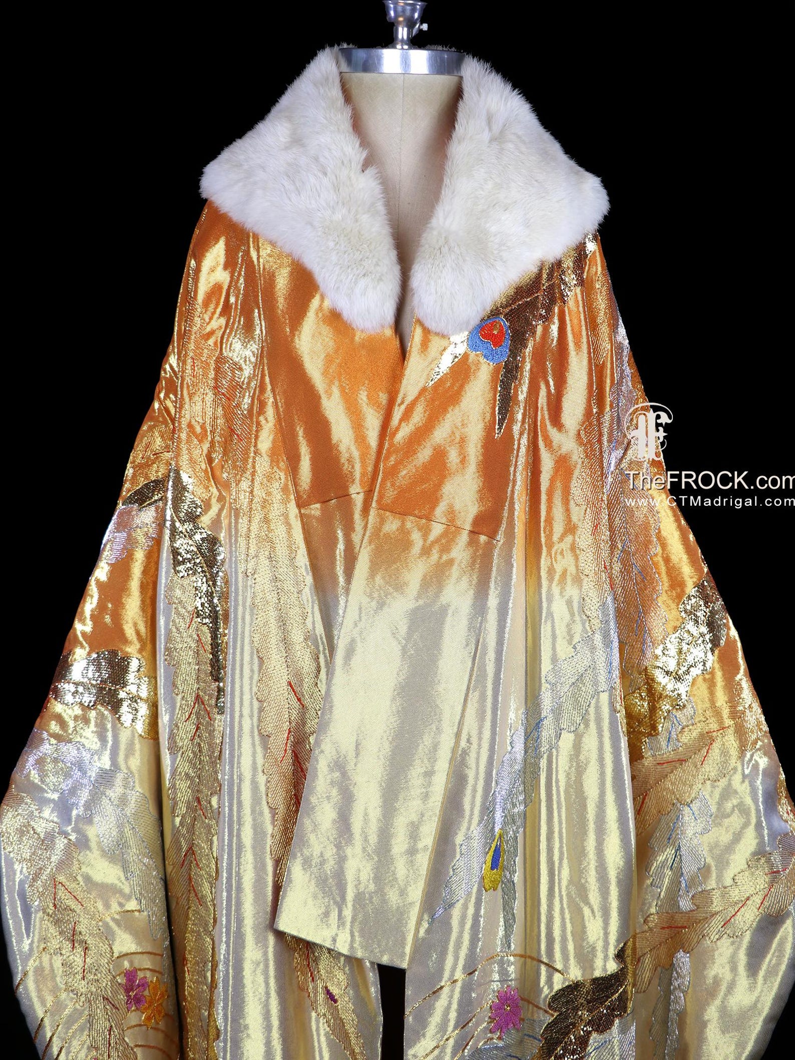 Gold Metallic Opera Coat Kimono Sleeves Fur Collar Ivory Rabbit Gold ...