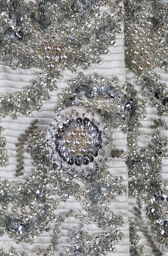 Long Vintage Beaded Coat, Silver Silk Satin Evening Jacket, Opera ...