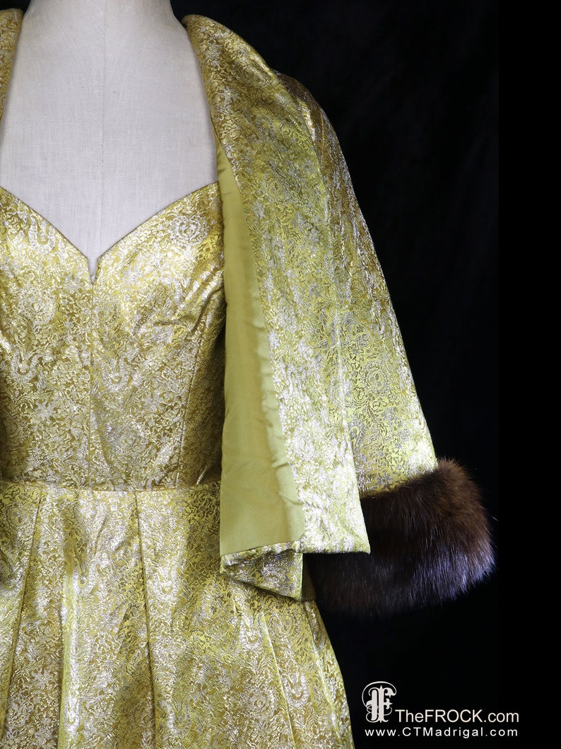 Sally Milgrim 1950s Gold Metallic Lame Brocade Dress, Mink Sable Fur ...