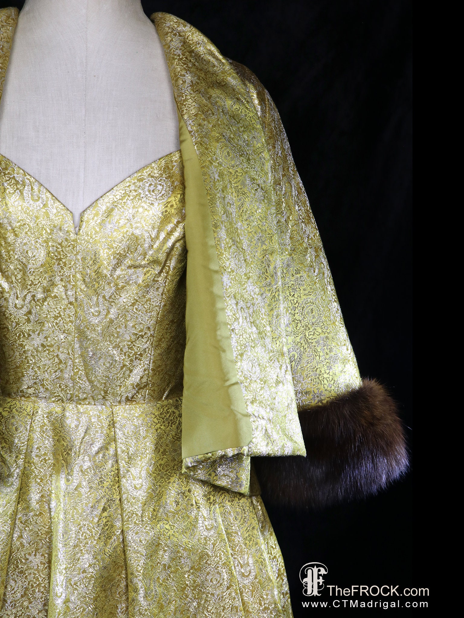 Sally Milgrim 1950s Gold Metallic Lame Brocade Dress, Mink Sable Fur ...