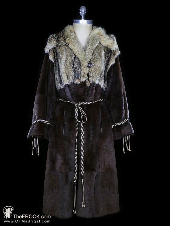 1970s fur coat, fox fur, sheared jacket belted, boho … - Gem