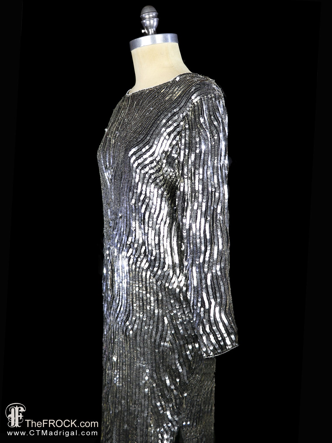 Halston Sequined Evening Dress, Silver Metallic Beaded Black Flapper ...