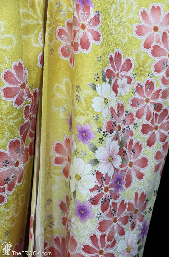 Vintage Silk Kimono, Robe or Coat or Dressing Gown, Yellow Furisode ...