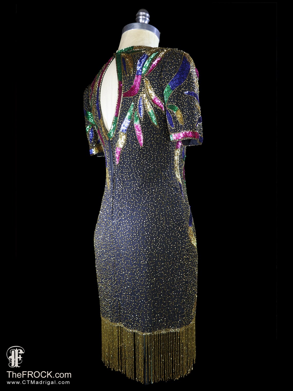 Beaded Fringe Dress, Gold Black Blue Op Art Bugle Beads Cocktail Silk ...