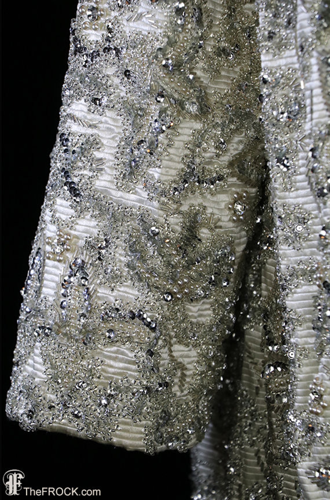 Long Vintage Beaded Coat, Silver Silk Satin Evening Jacket, Opera ...