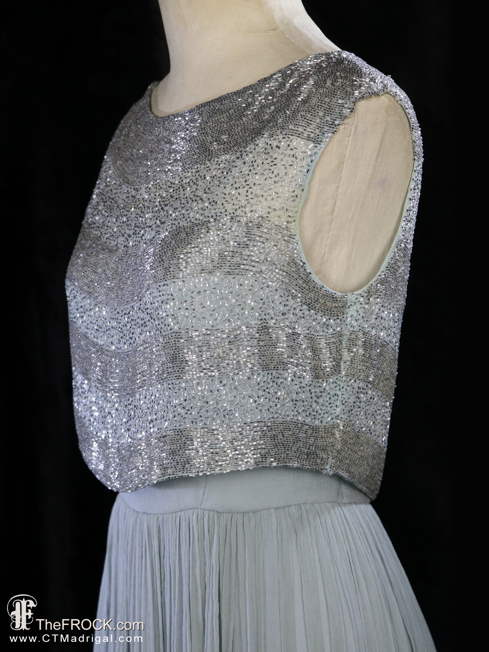 Sally Milgrim Dress, Beaded Chiffon Gown, Sleeveless Gray Silk Evening ...