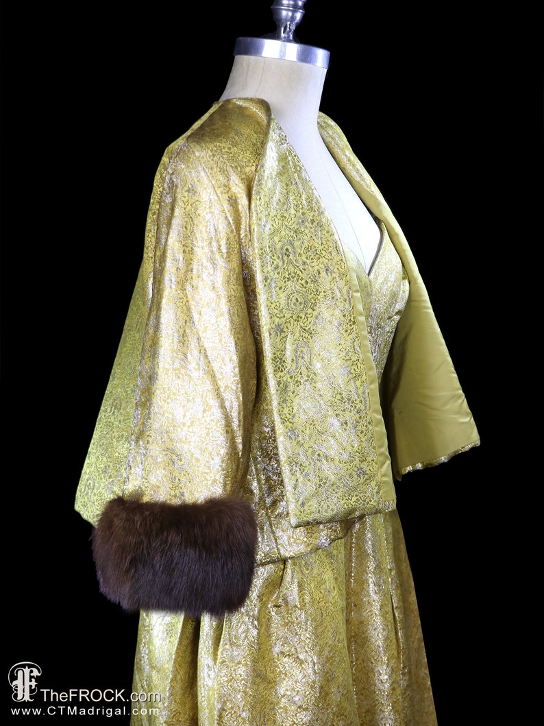 Sally Milgrim 1950s Gold Metallic Lame Brocade Dress, Mink Sable Fur ...
