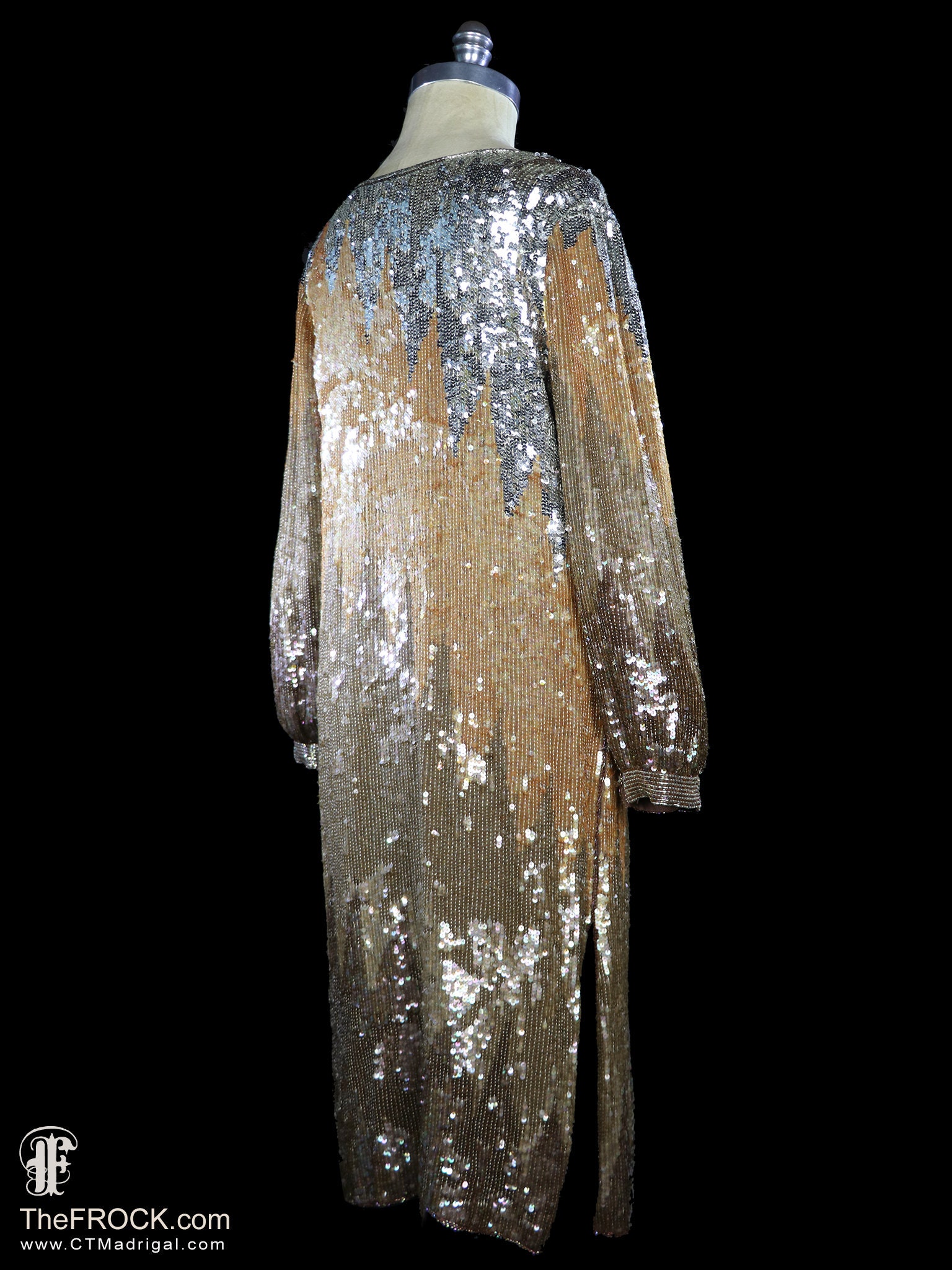 Halston Sequined Dress, Long Bishop Sleeve Beaded Flapper Gown 1970 ...