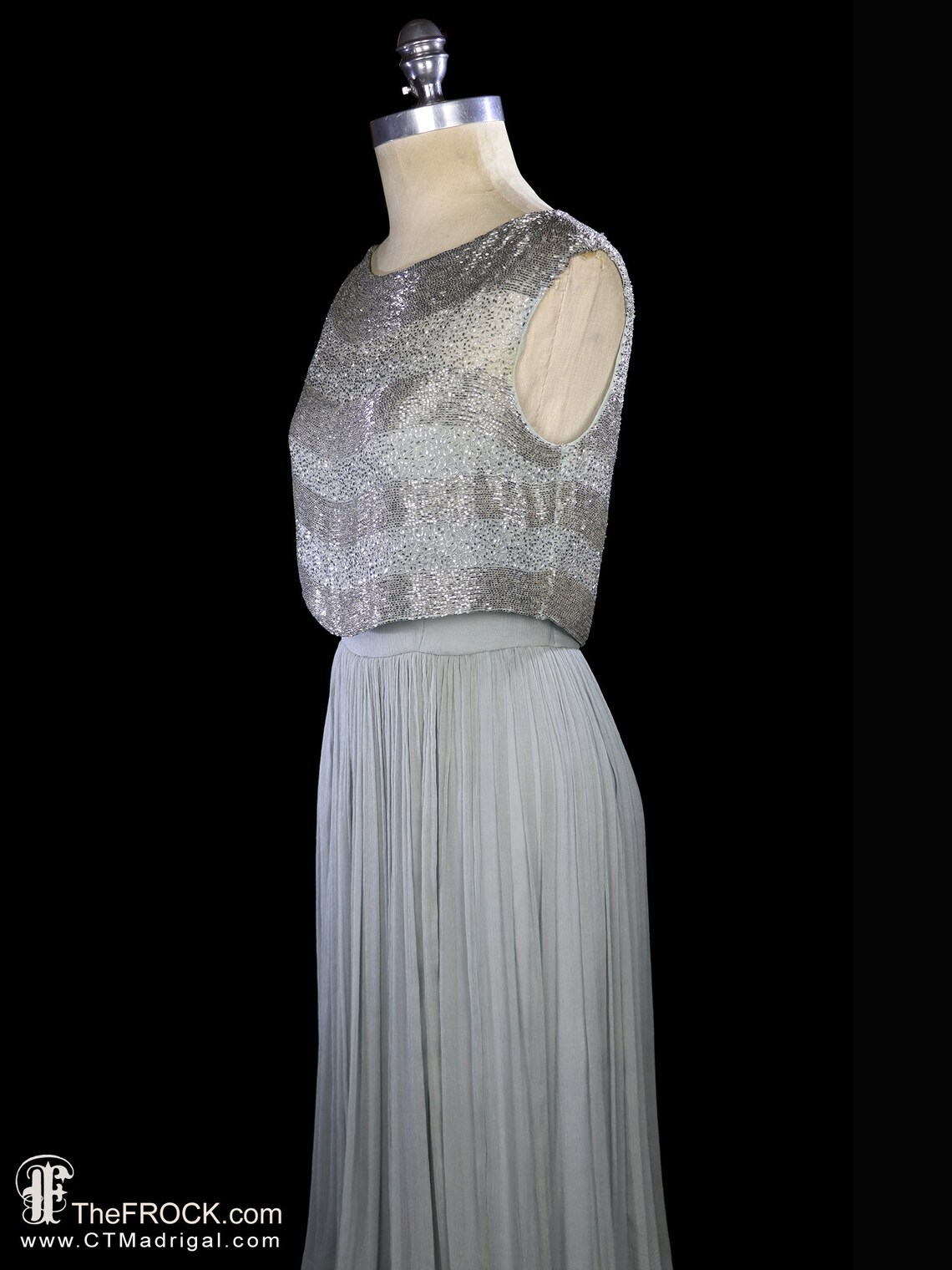 Sally Milgrim Dress, Beaded Chiffon Gown, Sleeveless Gray Silk Evening ...