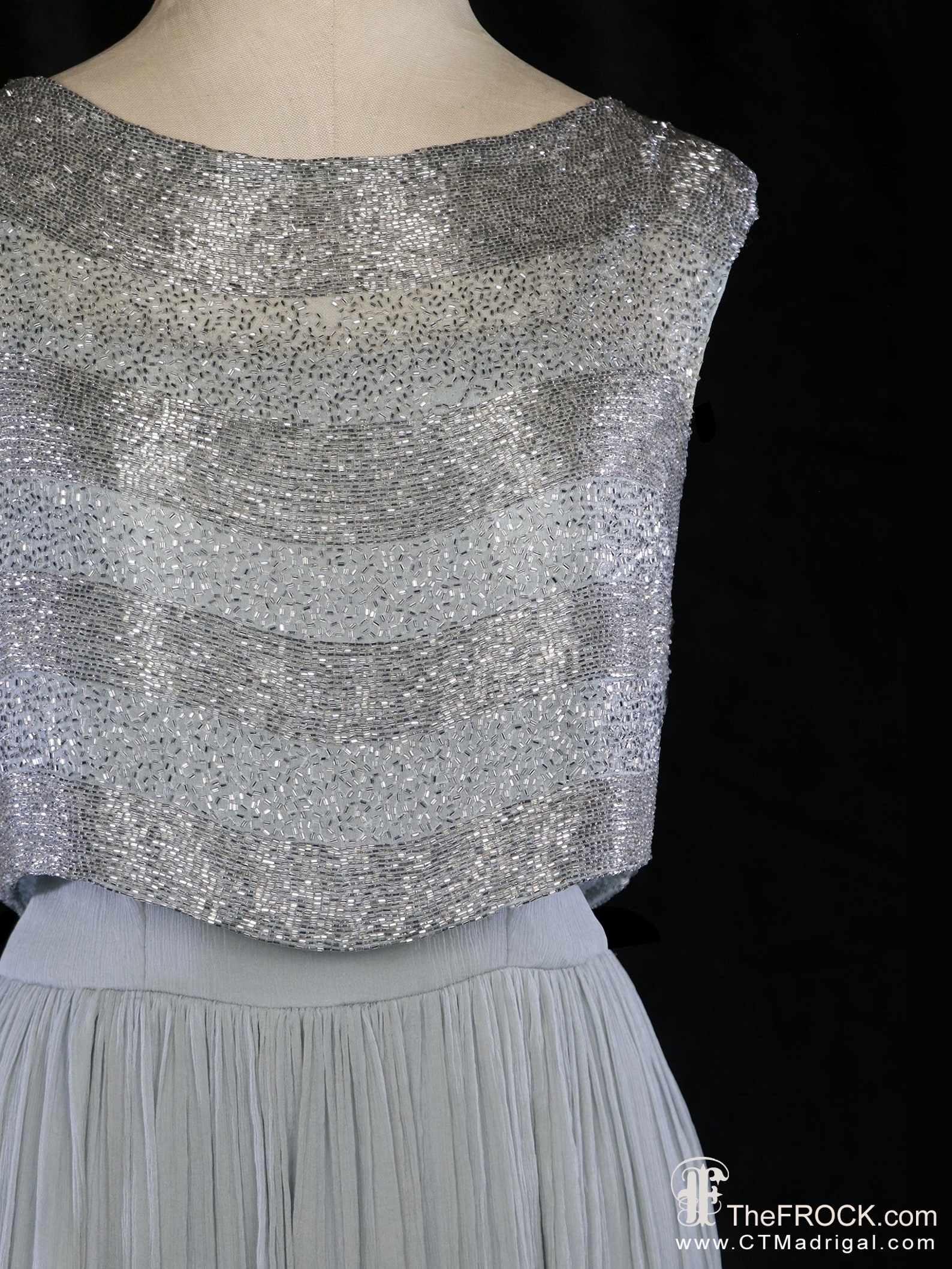 Sally Milgrim Dress, Beaded Chiffon Gown, Sleeveless Gray Silk Evening ...