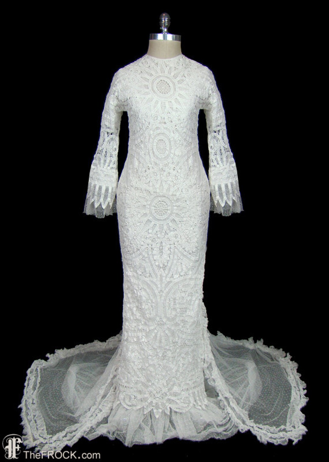 Wedding Dress Antique Battenburg Lace Gown With Train and Sleeves ...