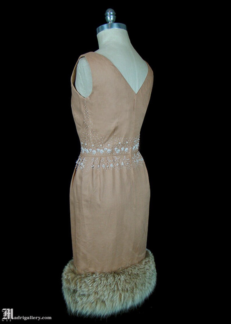 1950s Dress, Fox Fur Trimmed Beaded Cafe-au-lait Linen, Beige Tan ...