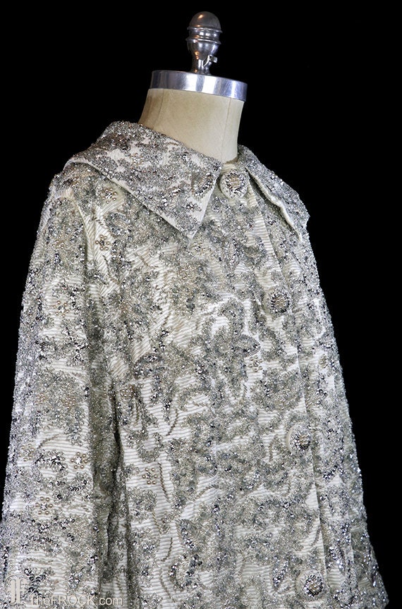 Long Vintage Beaded Coat, Silver Silk Satin Evening Jacket, Opera ...